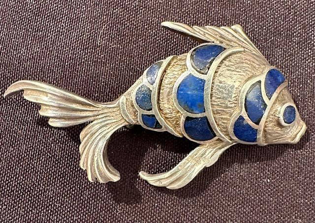 Sterling Silver And Lapis Fish Pin Or Pendant Auction