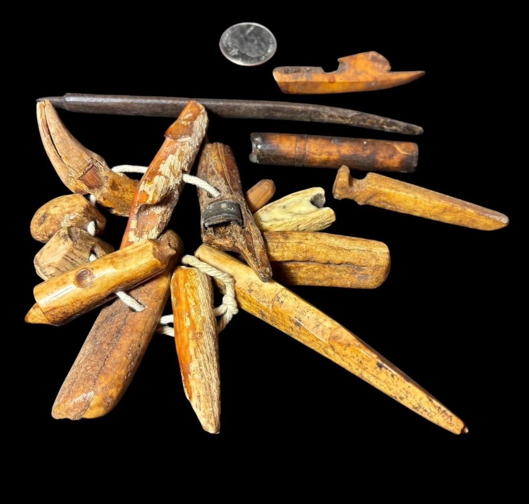 Lot Of Sixteen Inuit Carved Bone, Tooth And Wood Artifacts Auction
