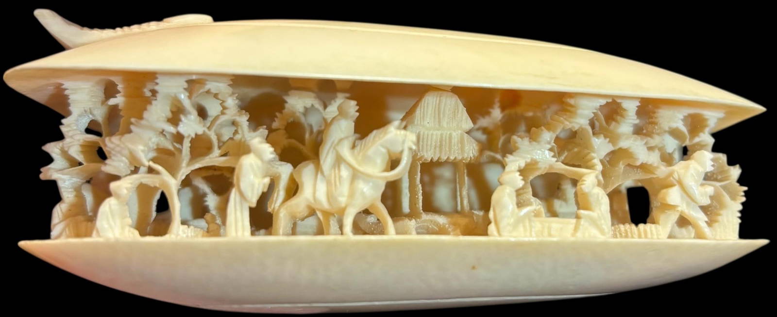 19th Century Hand Carved Bone Decorative Clamshell Shape With Village ...