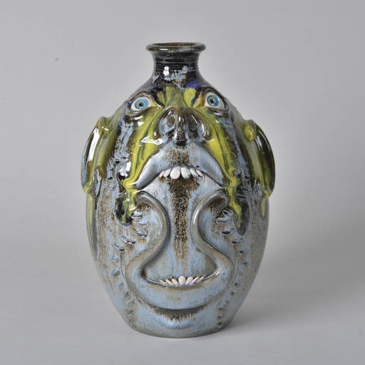 Roger Corn Face Jug Blue Glaze
