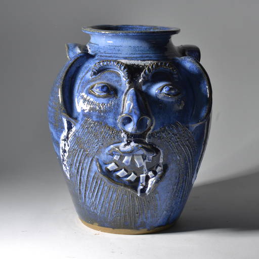 Charles Charlie Lisk Incredible Blue Glass Run Face Jar Nc Pottery