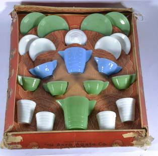 Play Time Glass Dishes Akro Agate Jadeite Tea Set In Original Box