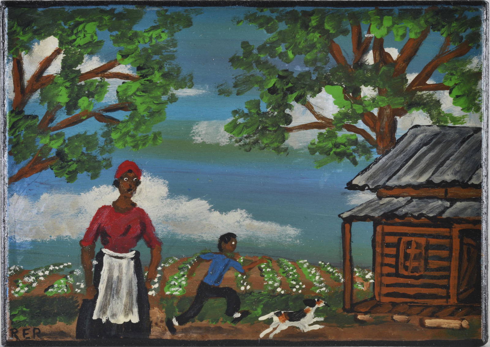 Richard E Roebuck Painting On Wood "boy W/dog" Auction