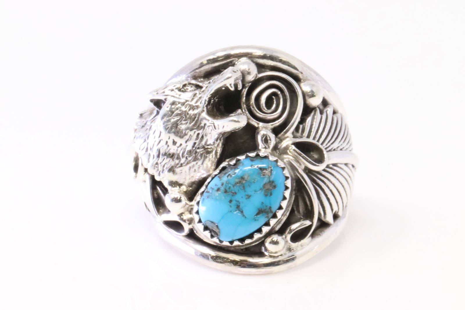 Native American Navajo Sterling Silver Turquoise Wolf Ring By Jeanette ...