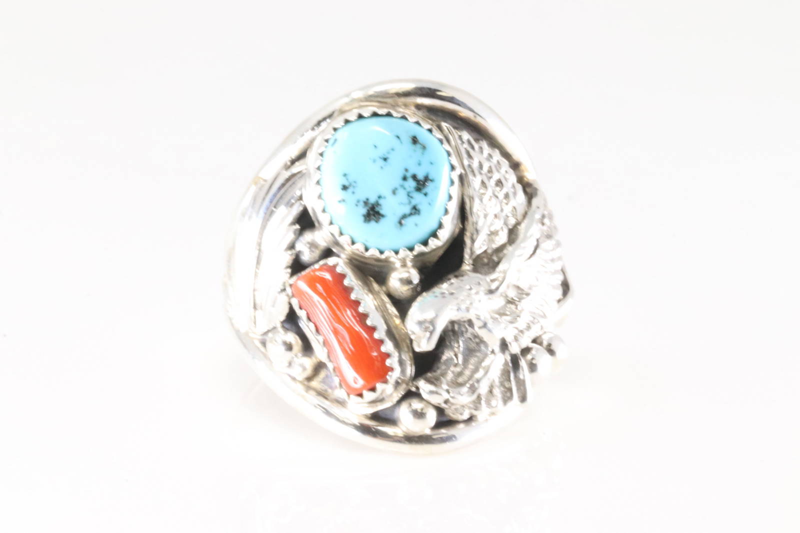 Native America Navajo Sterling Silver Coral & Turquoise Eagle Ring By ...