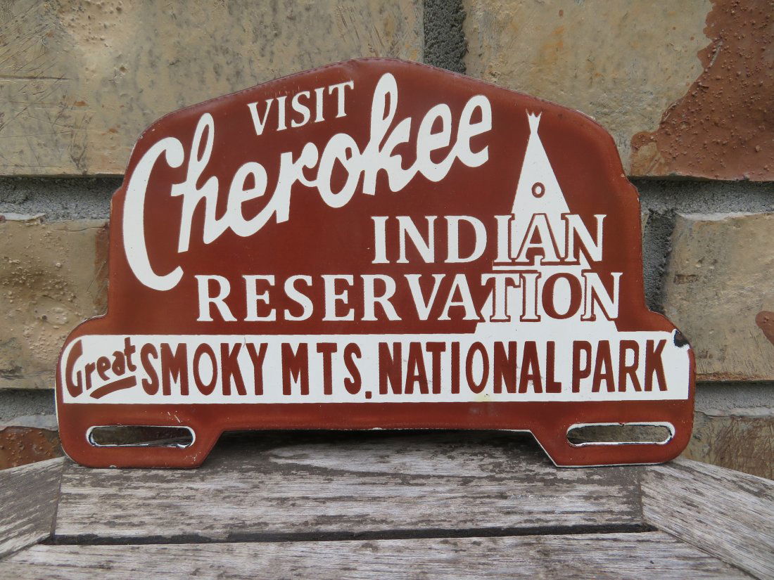 Vintage Porcelain Cherokee Indian License Plate Topper