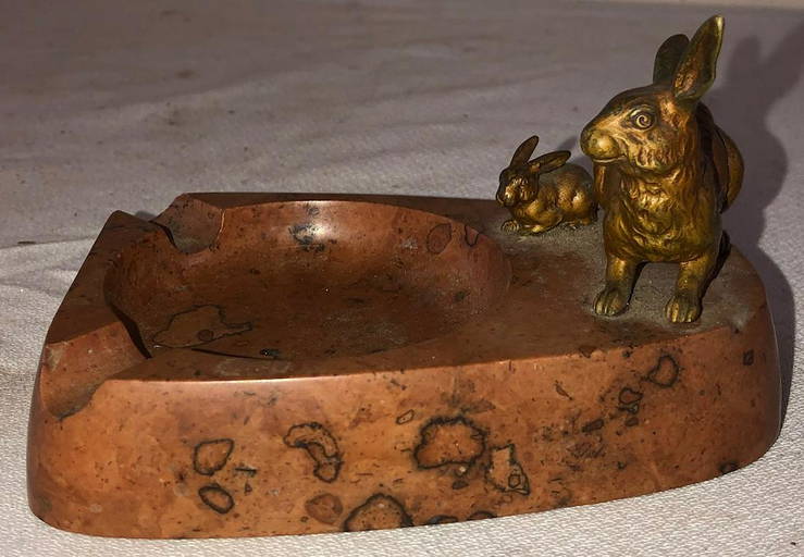 Antique Marble & Gilt Bronze Rabbit Ashtray