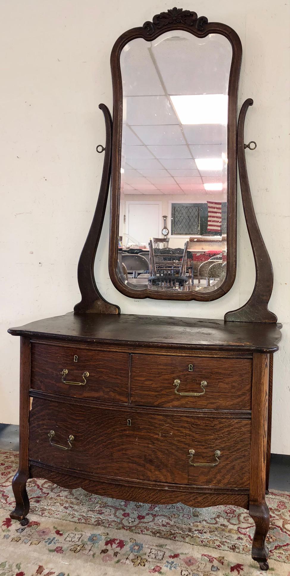 American 'tiger' Oak Dresser W/ Large Beveled Mirror
