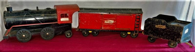 Lg. 3 Piece Antique Metal Train Set Engine And 2 Cars