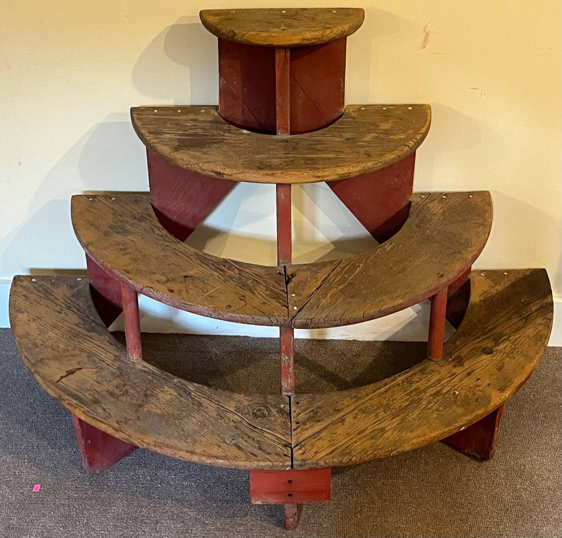 19th C. Folkart 4 Tier Half Round Display Shelf In Old Red Paint Auction