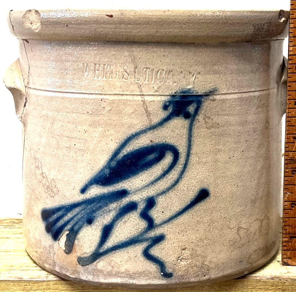 19th C. Blue Decorated 1 Gallon Stoneware Crock - Bird Auction