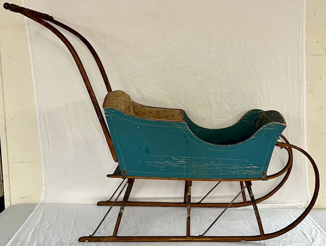 19th C. Paris Mfg. Co. Child's Push Sleigh In Orig. Blue Paint Auction