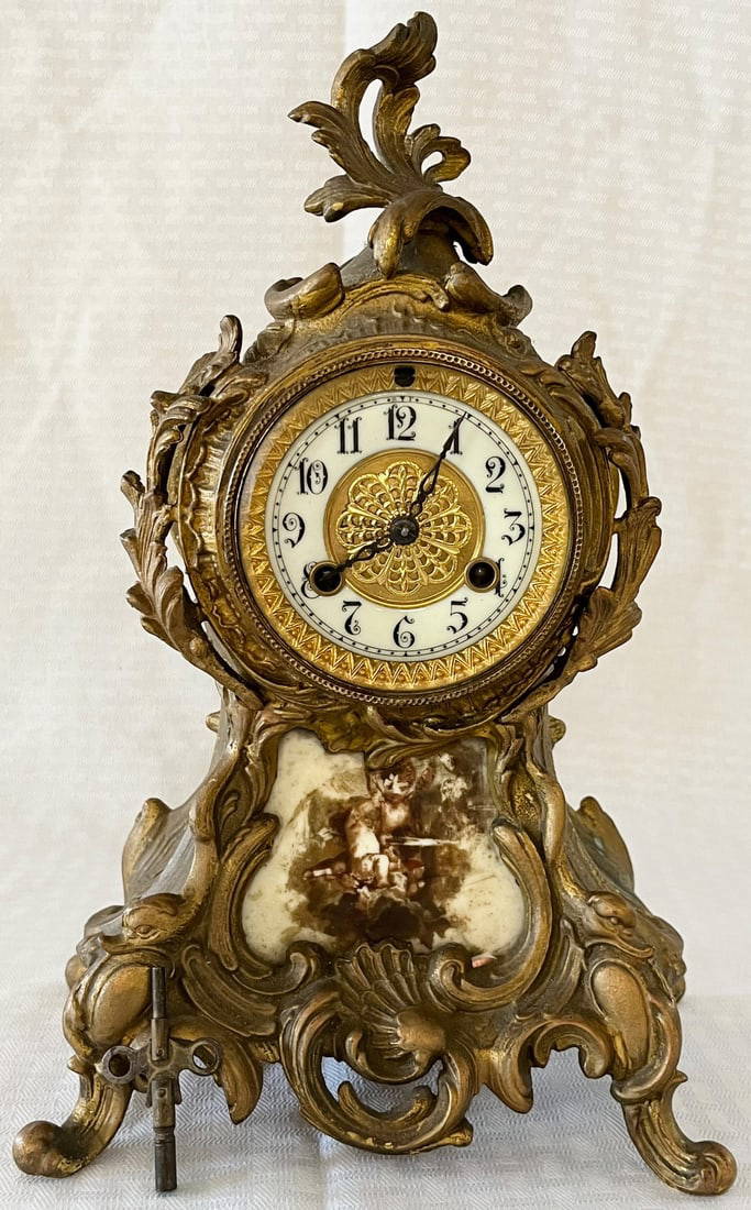 Elaborate Bronze Art Nouveau Mantle Clock W/ Painted Porcelain Auction
