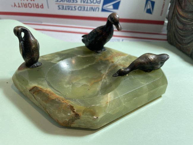 Antique Austrian c1900 Onyx & Bronze 3-Ducks Ashtray Measuring 6" x 4. ...