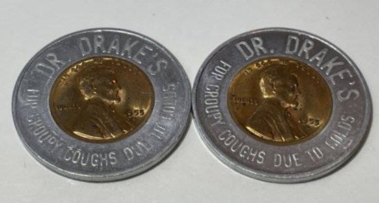 (2) 1955 D Dated Dr Drake's Cough Medicine/relief Encased Coin/cent ...