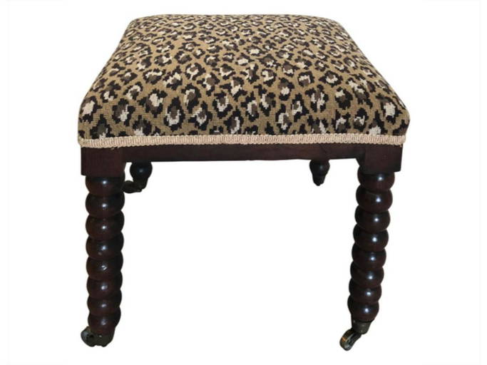 Antique Oak Spool Leg Stool With Cheetah Needlepoint