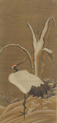 Chinese Silk Scroll Painting Of White Crane By Cui Bai