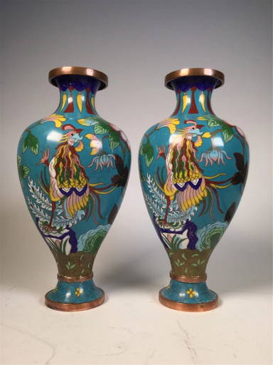 Pair Cloisonne Enamel Phoenix Vases