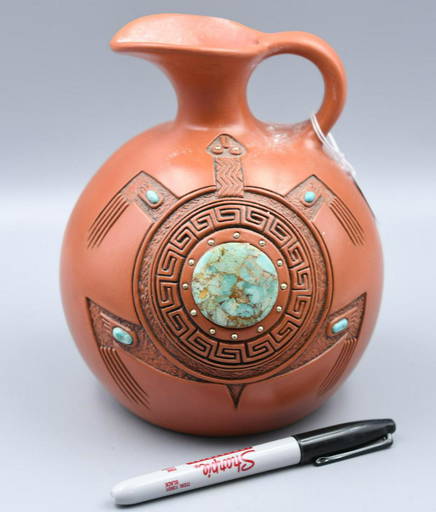 Turtle pitcher with turquoise and silver, L.D.M. (Camp Verde) (#0561 ...