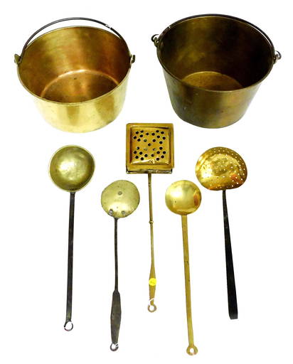 Seven Brass Kitchen Items: Two Pots, 13" Diam; A Chestnut Roaster ...