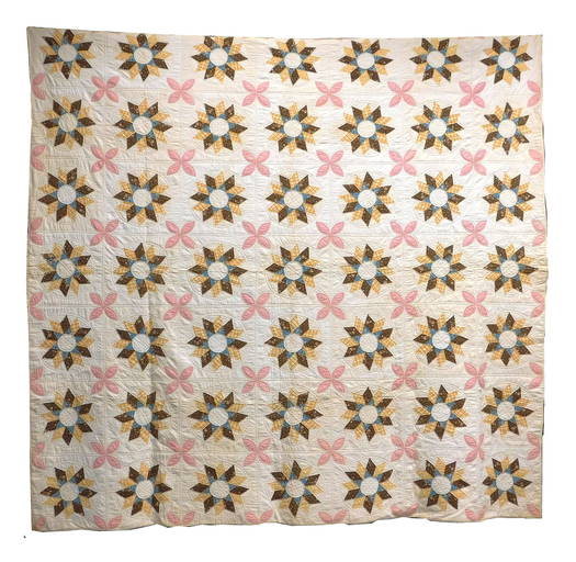 Textiles: Pieced And Appliquã©d Calico Cotton Quilt With 49 Blocks, C ...
