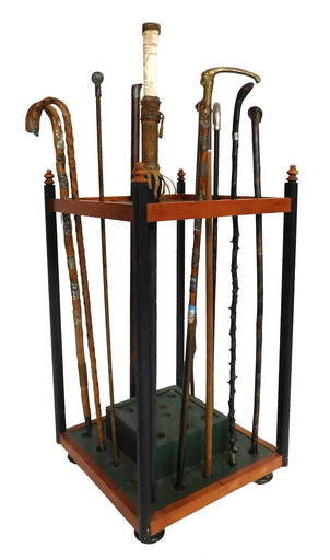 Mission style walking stick rack with eleven canes, late 19th/ 20th C ...