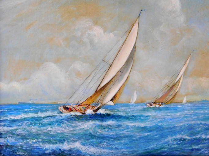 S. R. Wright (American, 20th C.), "Racing Sailboats", c. 1950, oil on ...