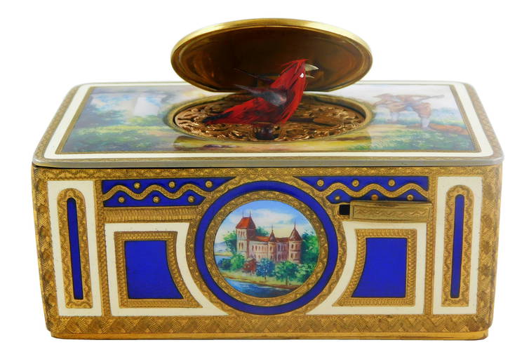 Automaton enamel and gilt musical bird box, German, early 20th C., case ...