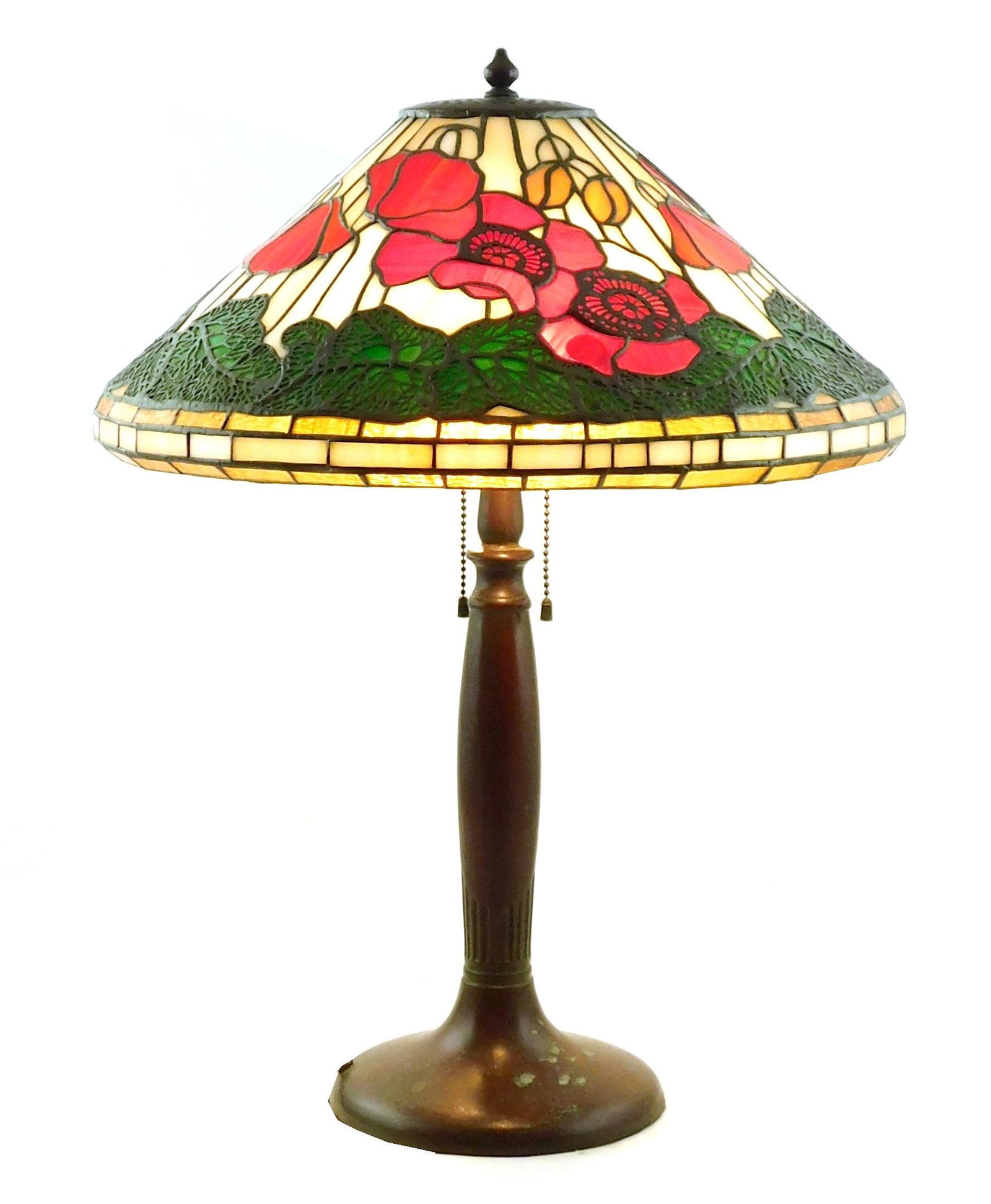 Lamp: Tiffany Style "poppy" Table Lamp, Leaded Glass Shade With Red ...
