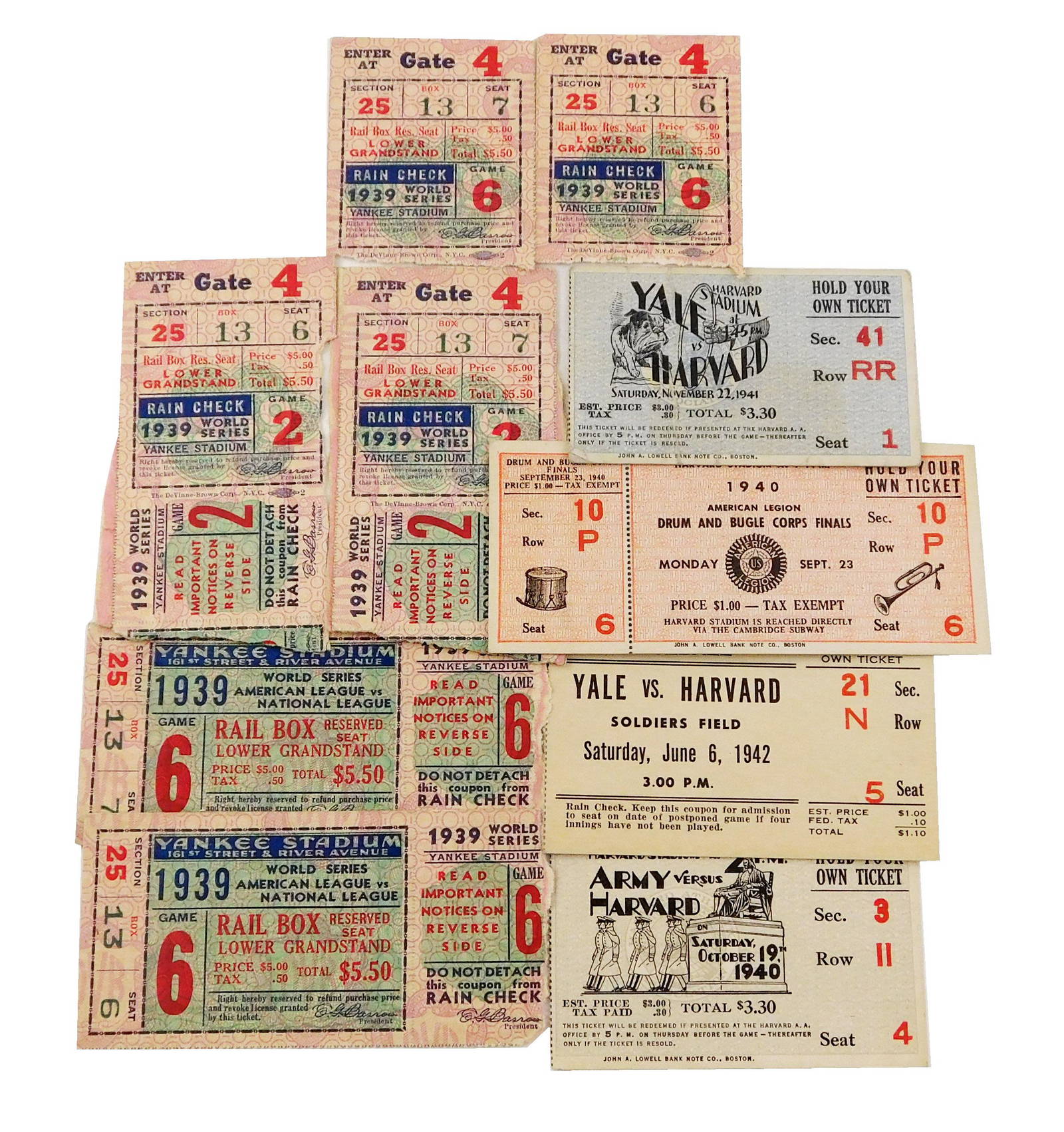 Ephemera: Ten Baseball Game Ticket Stubs, Including: Six 1939 World ...