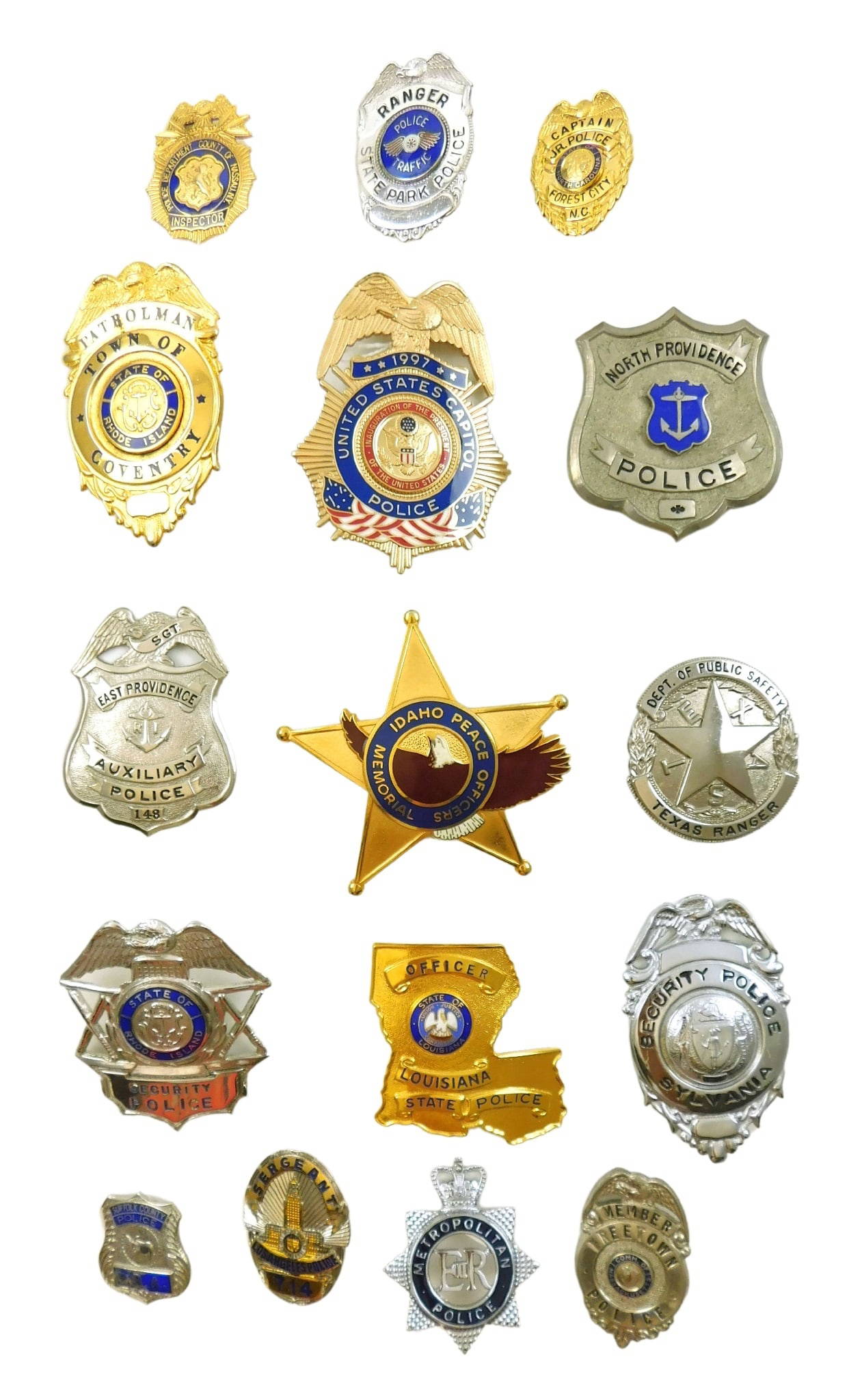 Sixteen Police And Law Enforcement Badges, Including: A 1997 United ...