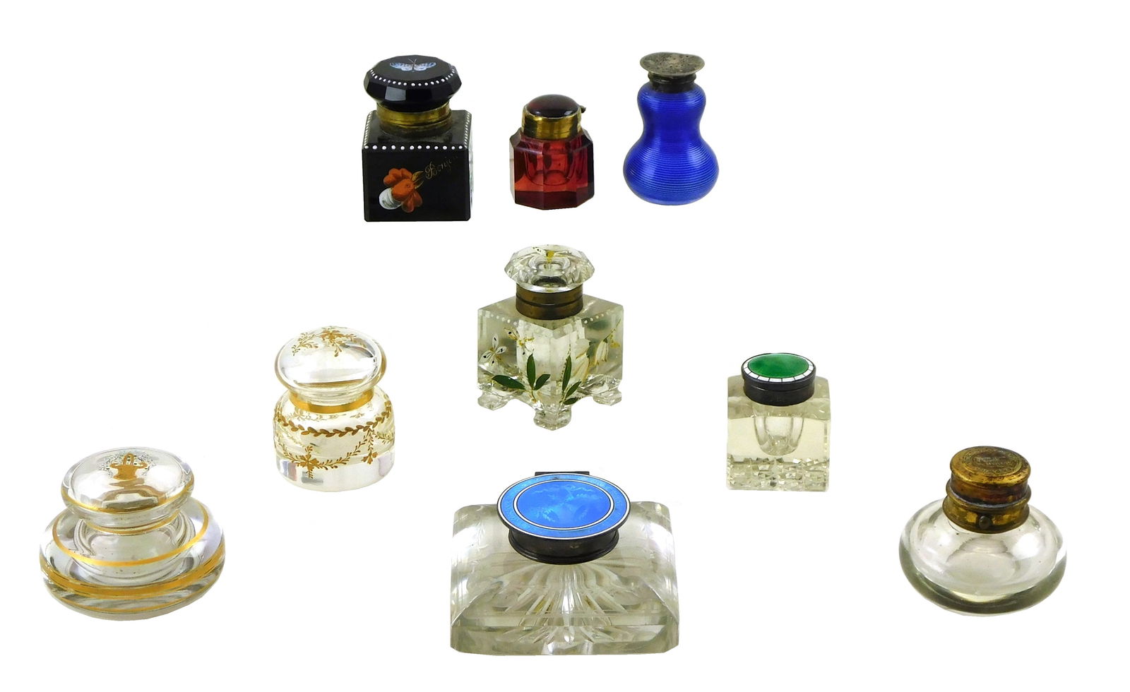 Glass: Nine Glass Inkwells, Some With Silver Parts, Including: Clear ...