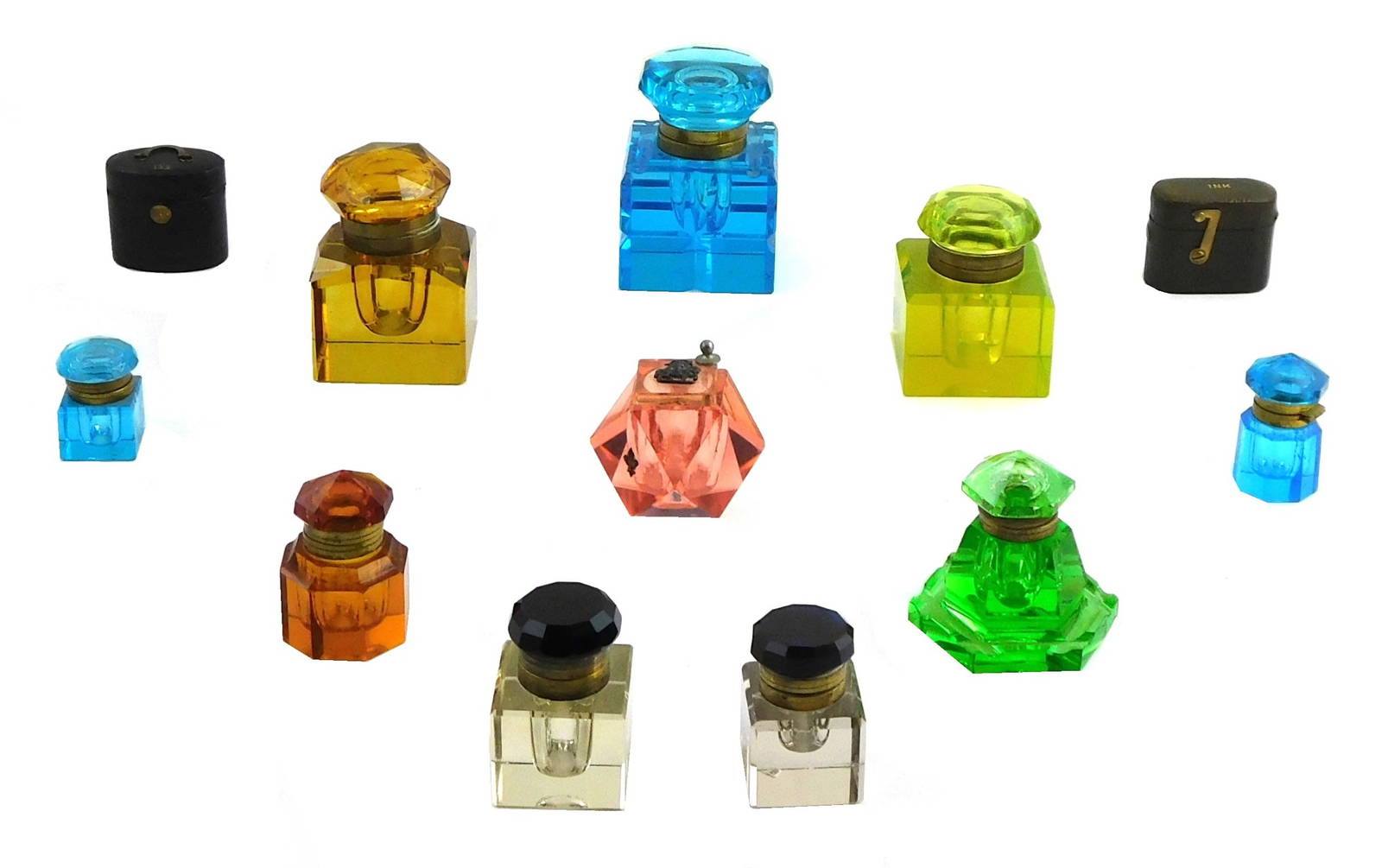 Twelve Inkwells, Various Colors, Including Two Leather Covered Inkwells ...