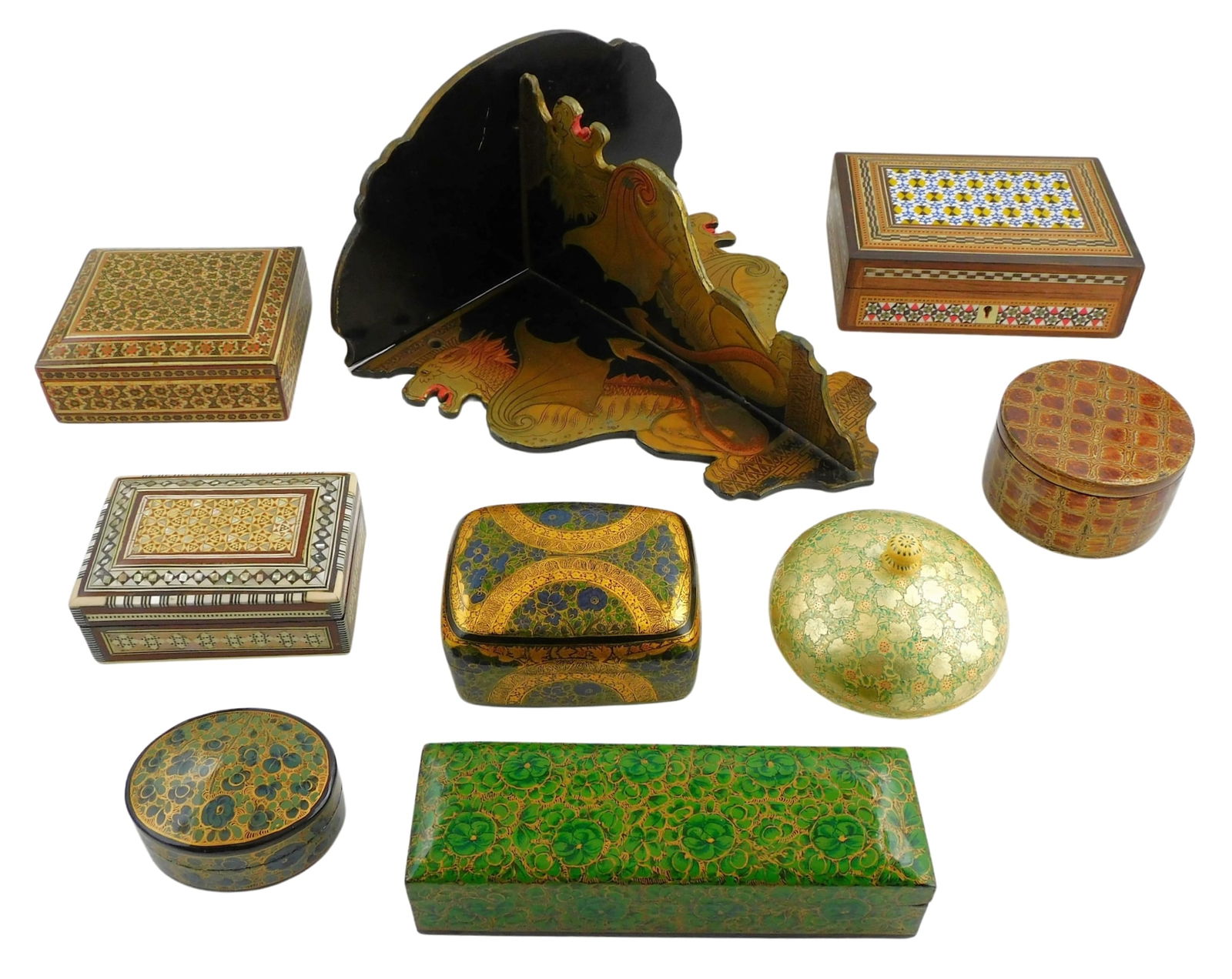 +eight Inlaid And Lacquered Boxes And One Lacquered Wall Shelf ...