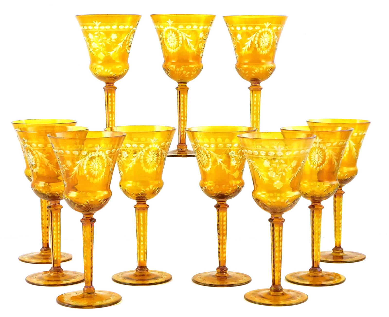 Glass: Bohemian Amber Cut To Clear Goblets, Eleven Pieces, Each With ...