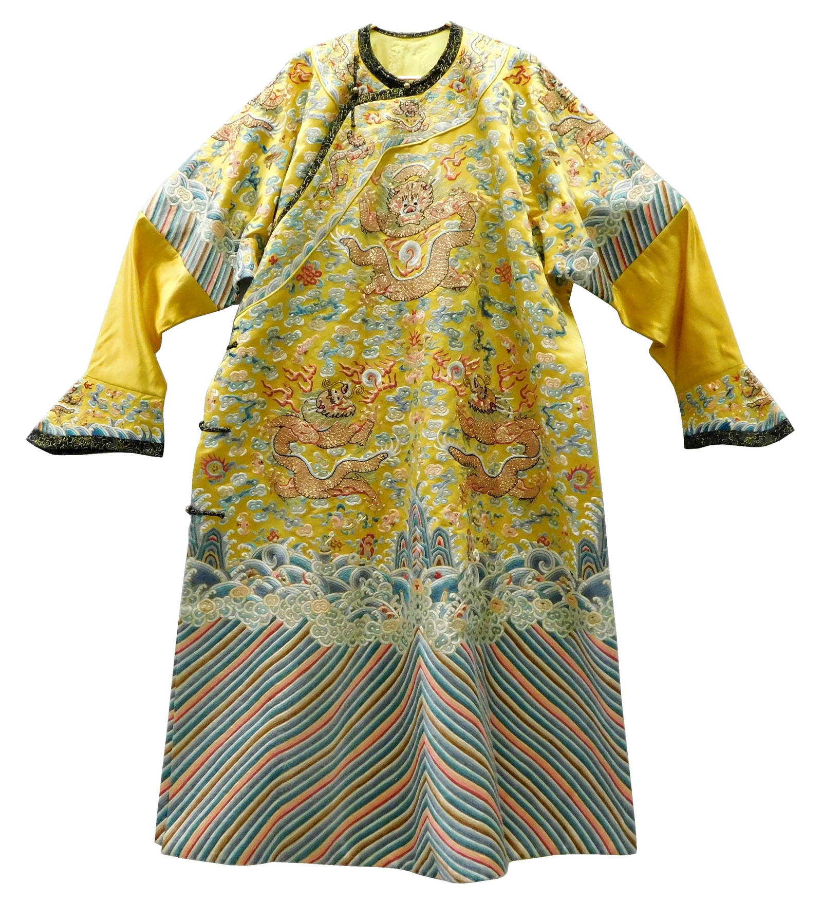 Chinese Robe, 20th C., Yellow Silk Ground With Metallic Thread Designs ...
