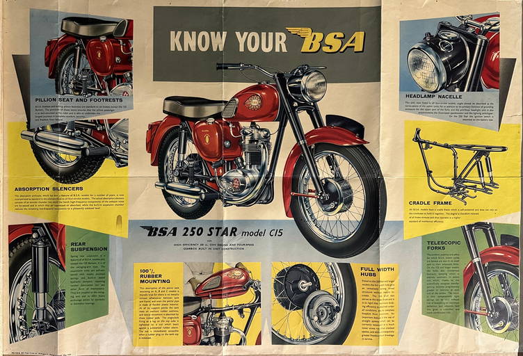 Nos Original 1959 Bsa Motorcycle Poster, 250 Star Model C 15, Folded ...