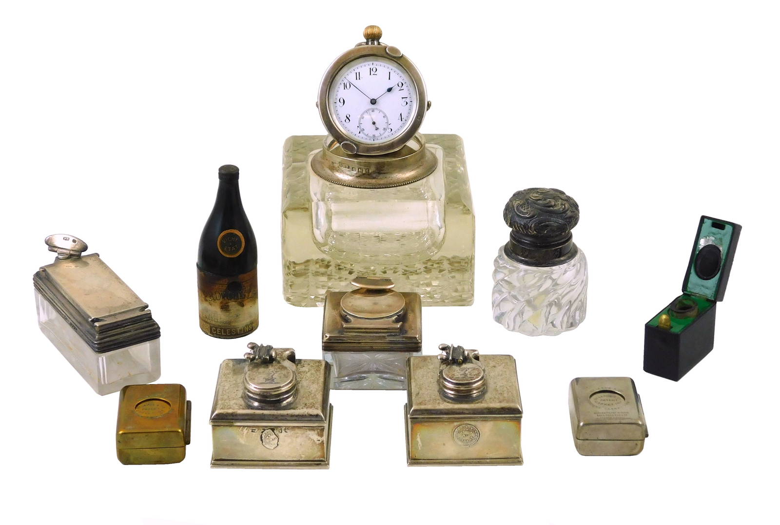 Ten Desk And Traveling Inkwells, Including: Large Mappin And Webb Cut ...