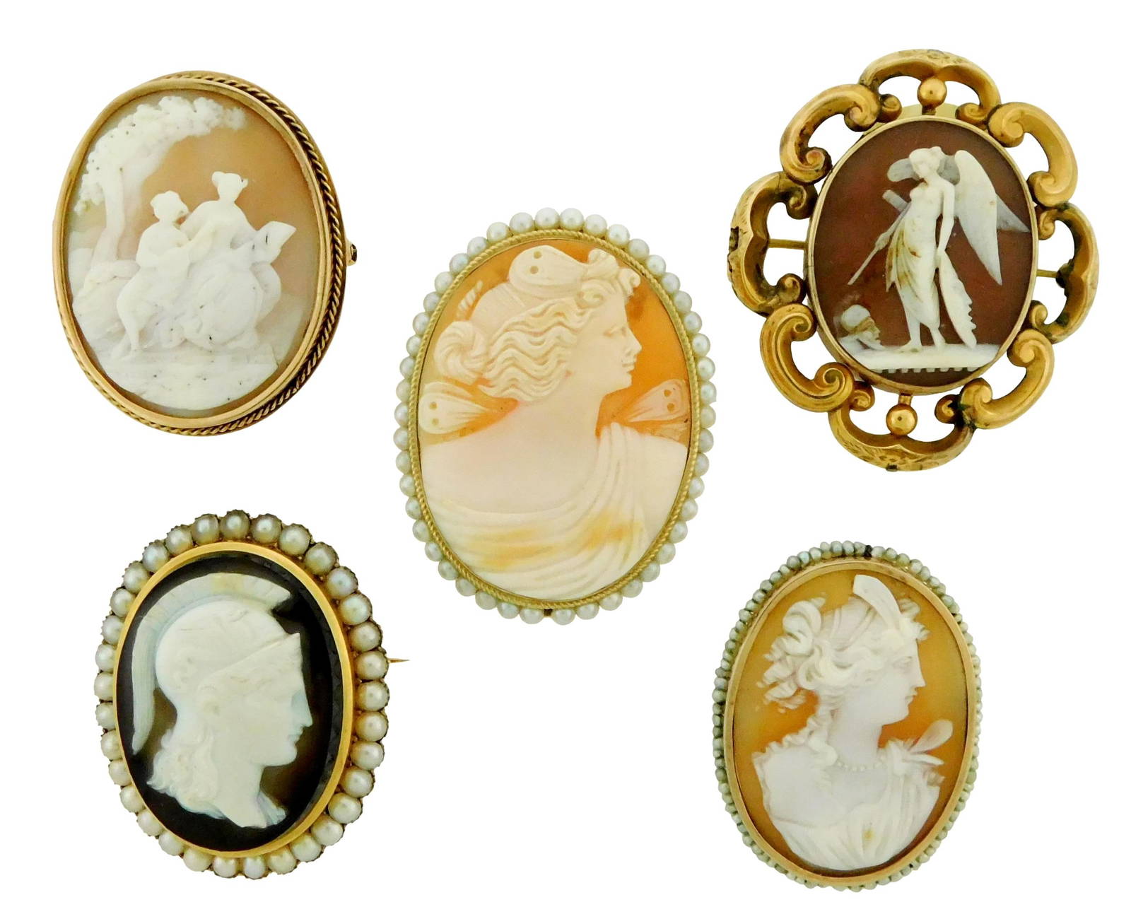 Cameos: Five Cameo Pin/pendants, In Tested Or Stamped 14k Gold Frames ...