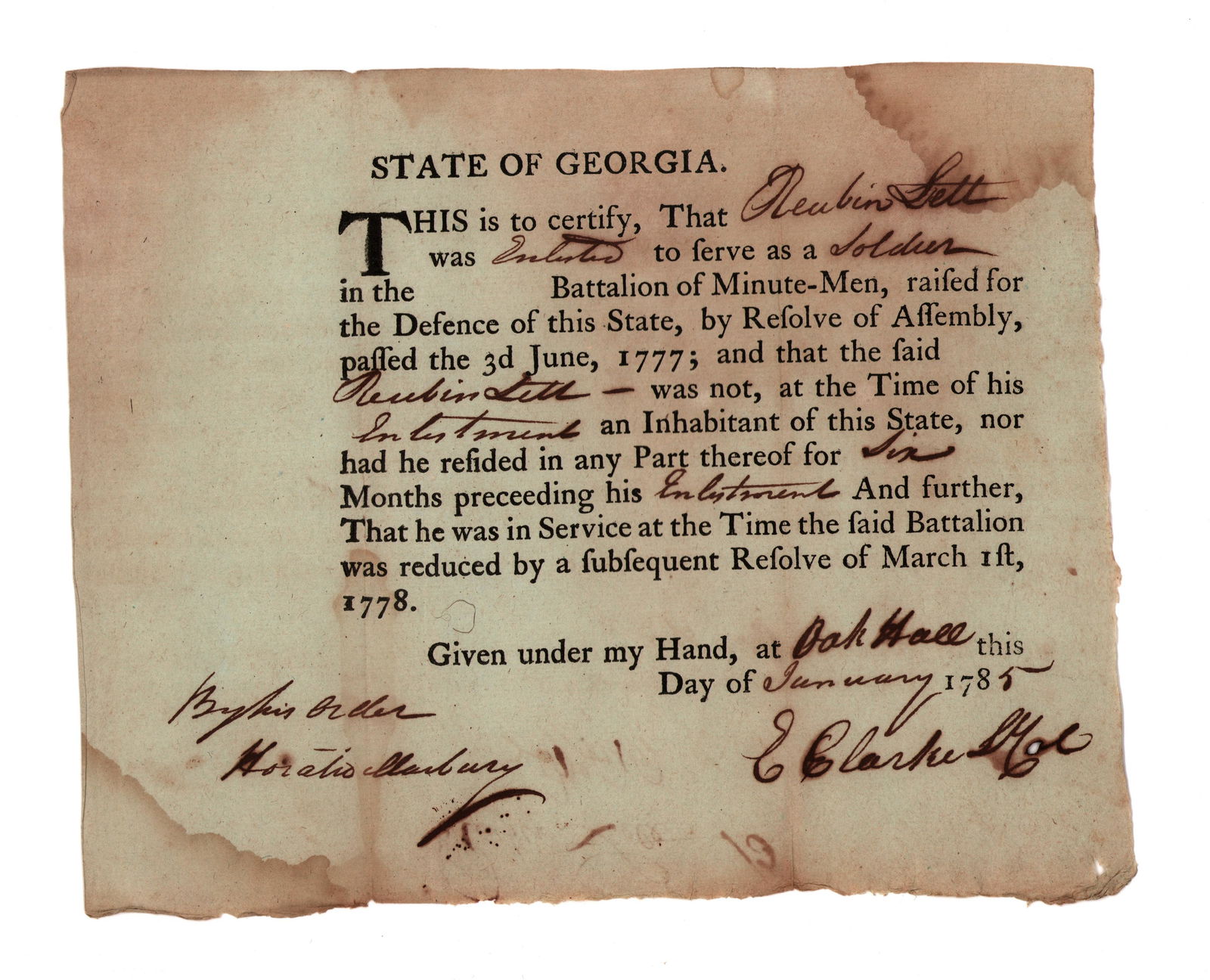 Revolutionary War Era Enlistment Document (georgia)