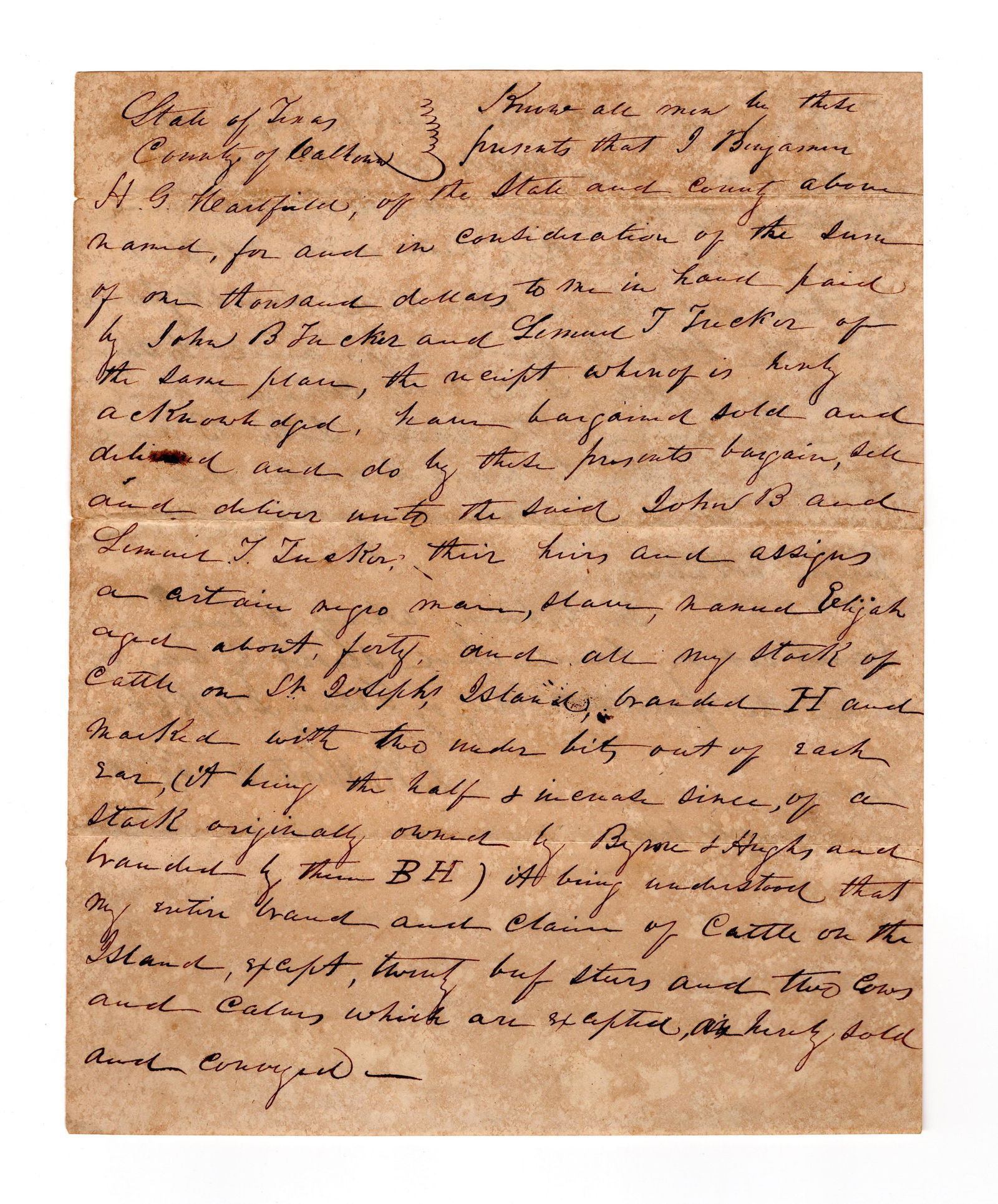 [texas] 1850 Slave Bill Of Sale Auction