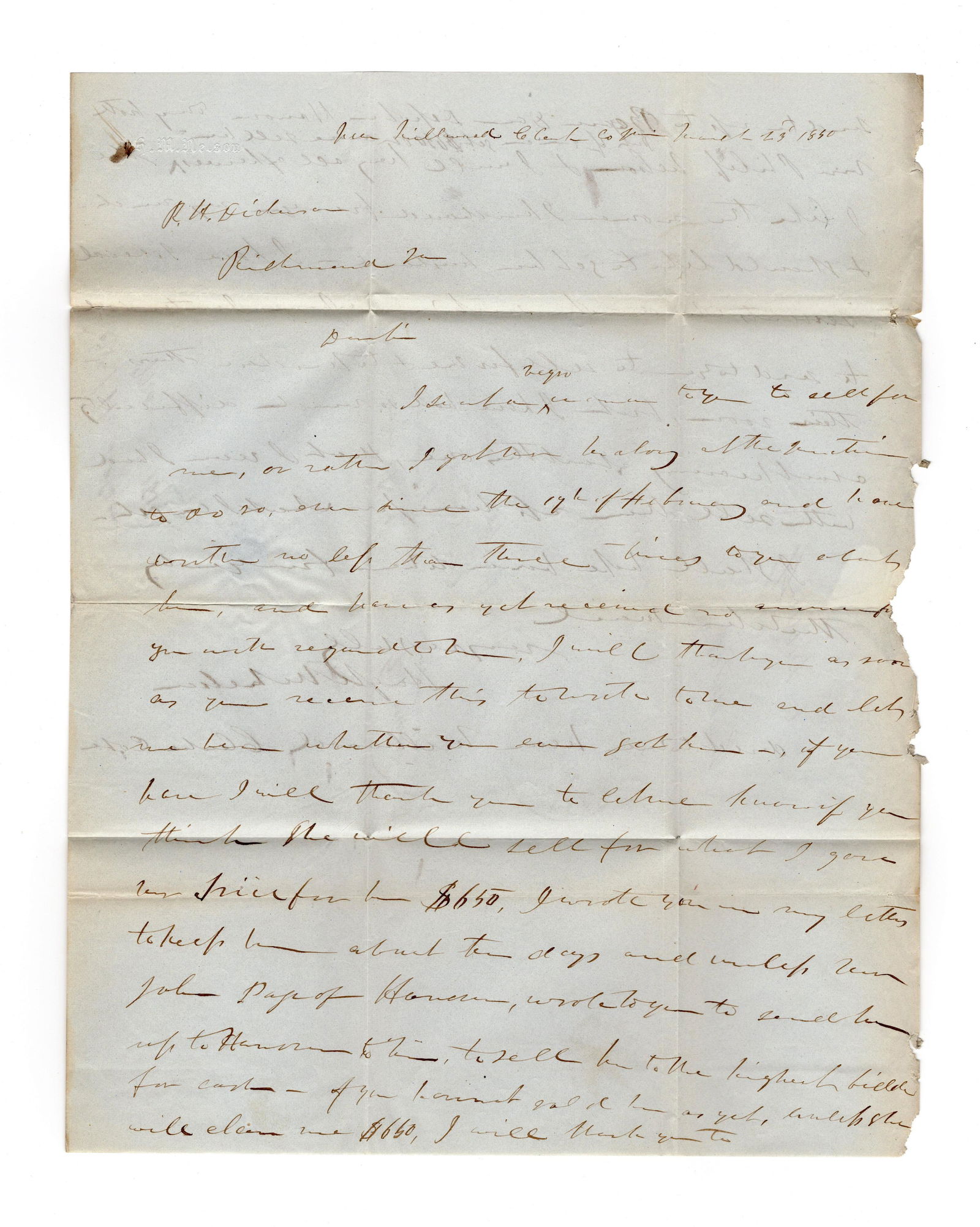 [slavery & Abolition] Letter Re: Slave Sale & Purchase Auction
