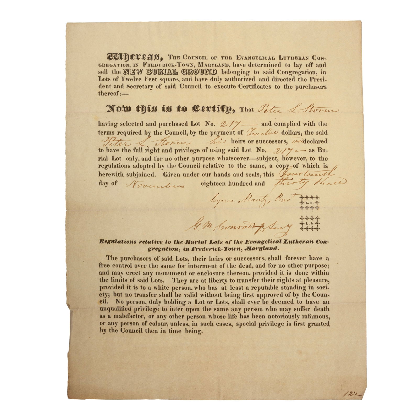 [manuscripts, Death]. 1833 Cemetery Plot Deed Auction