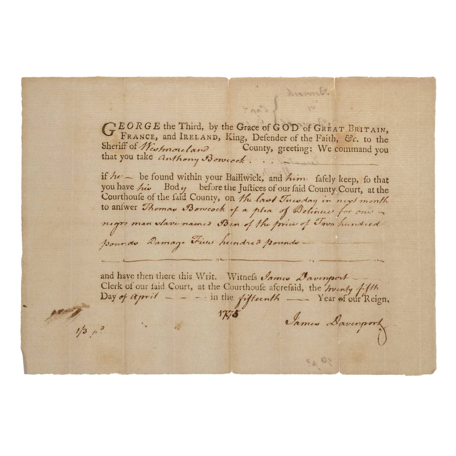 [slavery] 1775 Virginia Slave Document, Bowcock Family Auction