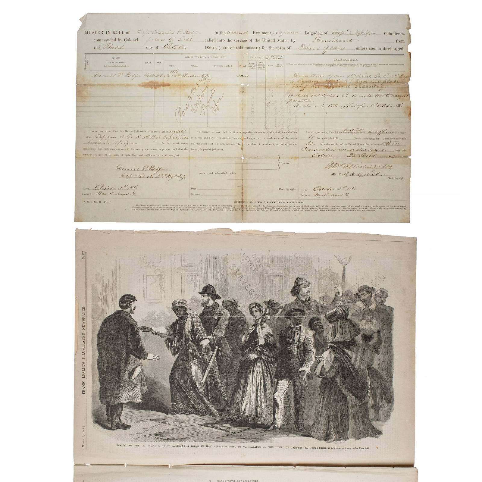 [civil War] Corps D'afrique Muster Roll & Black Soldier Woodcut Auction