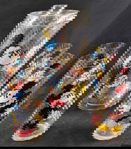 Mickey And Minnie Mouse Plastic Pitcher And 6 Glasses