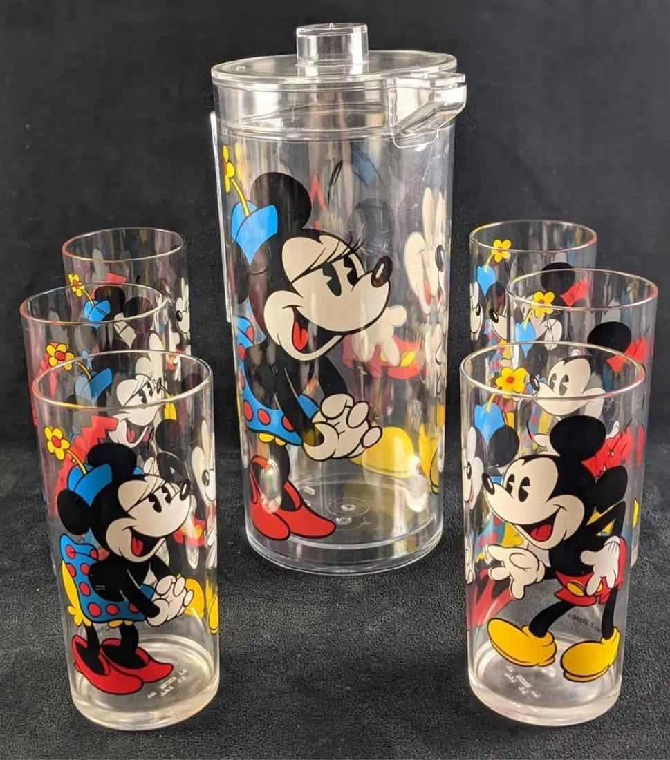 Mickey And Minnie Mouse Plastic Pitcher And 6 Glasses Auction
