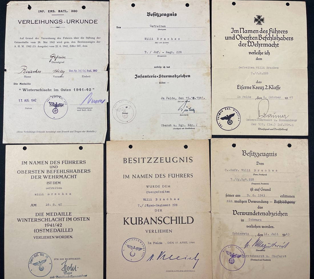 Wwii German Award Document Group - Rare Kuban Shield Auction