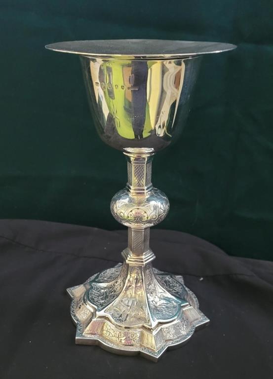 Solid Silver Chalice And Paten On Hexagonal Base, Highly Decorated (13 ...