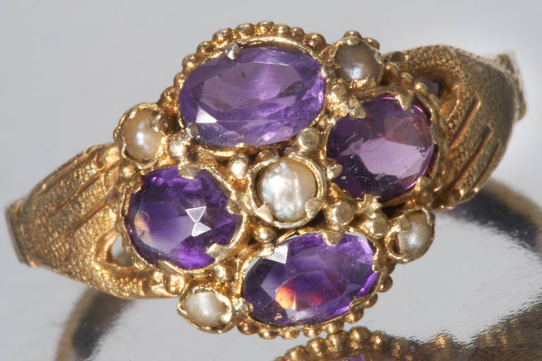 Antique Amethyst And Pearl Hand Cluster Ring